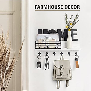 Dinosam Key Holder for Wall: Mail Organizer Wall Mount and Key Shelf with 6 Sturdy Hooks and Black Metal Decorative Piece for Entryway Farmhouse Decor, White