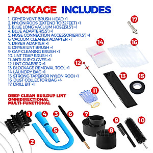 Holikme Dryer Vent Cleaner Kit 32 Feet Dryer Cleaning Tools, Include Dryer Vent Brush, Omnidirectional Blue Dryer Lint Vacuum Attachment, Dryer Lint Trap Brush, Vacuum & Dryer Adapters
