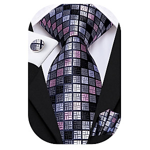 Hi-Tie Mens Plaid Ties Classic Paisley Necktie with Handkerchief Cufflinks Set Business Stripe Tie,Grey Pink