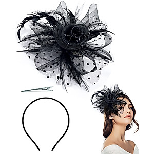 Bniksok Black Fascinator Hat for Women Tea Party Headpiece Horse Race Organza Headband Hair Clip Church Hat for Cocktail Wedding Halloween