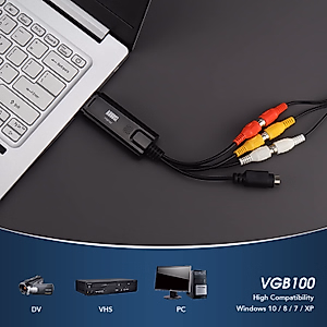 August VGB100 - External USB Video Capture Card - S Video/Composite to USB Transfer Cable - Grabber Lead for Windows 10/8 / 7 / Vista/XP