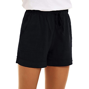 KINGFEN Womens Shorts Pull On Lounge Black Shorts for Women Casual Summer Beach Comfy Elastic Waist Drawstring Cotton Linen Short with Pockets Black X-Large