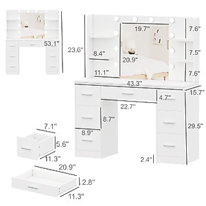 Irontar Vanity Desk, Makeup Vanity with 10 LED Lights & 7 Metal Sliding Drawers, Brightness Adjustable, Vanity Table with 6 Open Shelves, Makeup Table for Women, White WDT005W