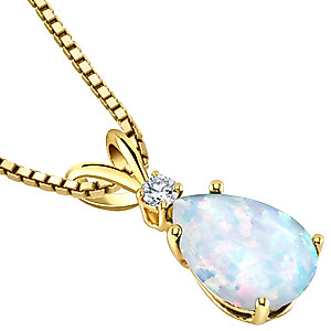 PEORA 14K Yellow Gold Created White Opal with Genuine Diamond Pendant for Women, Elegant Teardrop Solitaire, 1 Carat Pear Shape, 10x7mm