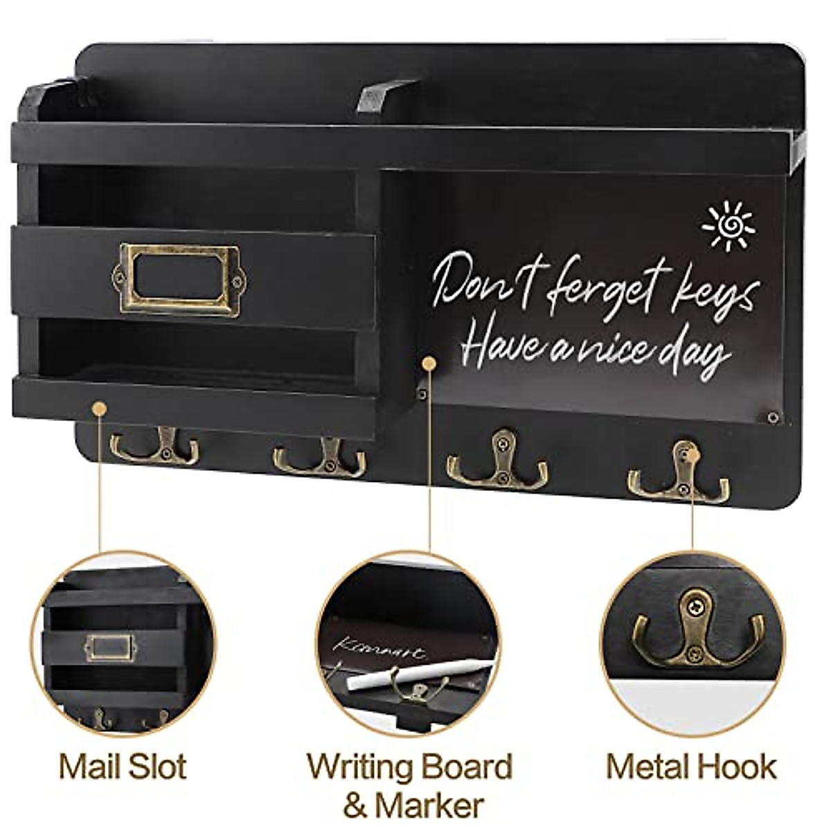 Kanmart Key Hooks for Wall Decorative: Retro Key Hanger with 4 Key Holders, Mail Organizer with Mail Slot, Side Hooks, Magnetic Blackboard & Marker, Black, KM-H01
