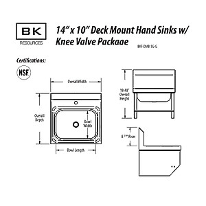 BK Resources BKHS-D-1410-1-BKK-PG Wall Mounted Stainless Steel Hand Sink with 3.5" Gooseneck Faucet and Knee Valves, 14" x 10" Bowl Size