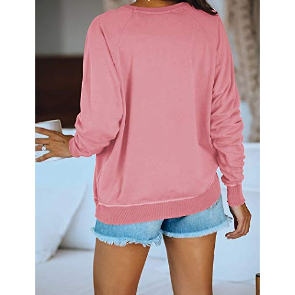 PRETTODAY Women's Casual Crew Neck Sweatshirts Raglan Long Sleeve Solid Tunic Tops Loose Pullovers Pink