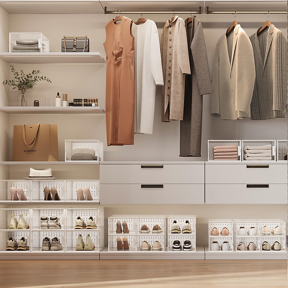 Pinkpum Shoe Organizer Storage Boxes for Closet, Clear Plastic Stackable Sneaker Storage Containers Bins with Lids, Clear Shoe Case Containers,White, 12 Pack