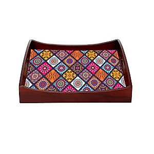 Mandala Printed Wood Serving Tray with Handles, Wooden Serving Tray, Snack Tray, Breakfast Tray, Great for, Breakfast, Coffee Tables, Homes, Restaurant Size- 15" x 10" x 1.75"