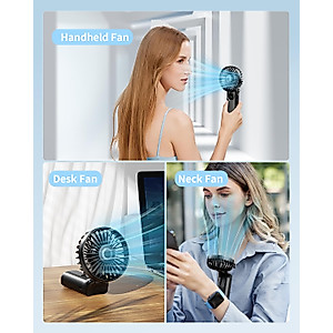 Handheld Fan, Foldable Portable Fan with LED Display, 3000mAh Battery Operated Mini Hand Held Fan, Handheld/Neck/Desk 3 in 1 Personal Small Fan for Eyelash Makeup Travel Beach Outdoor Black