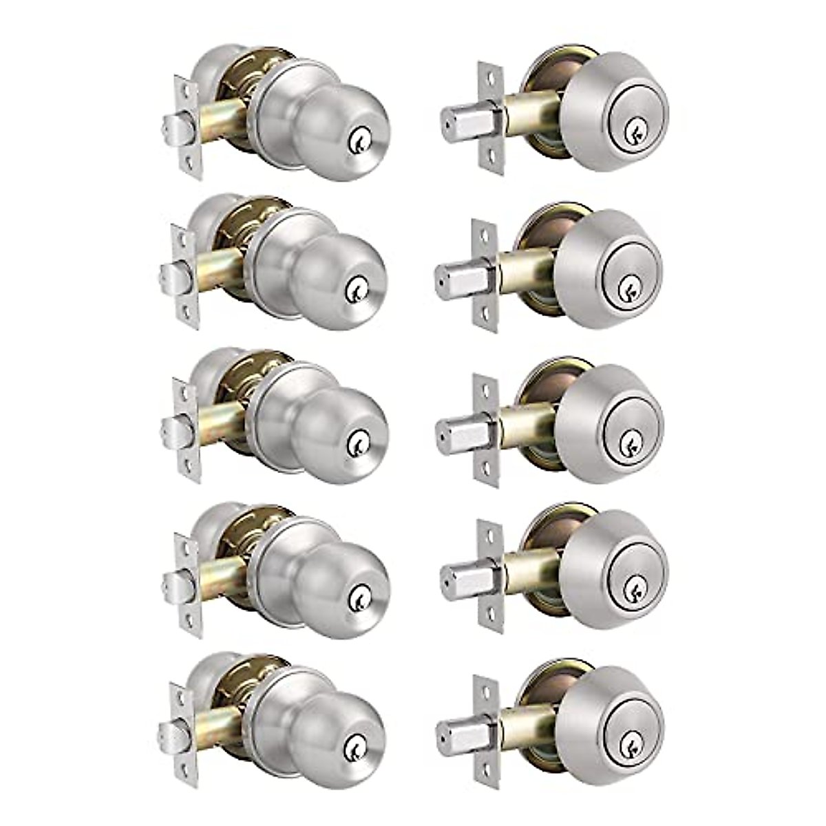Knobonly All Keyed Same, Front Door Handleset with Single Cylinder Deadbolt in Satin Nickel Finish, Keyed Alike for Every Set, 5 Pack