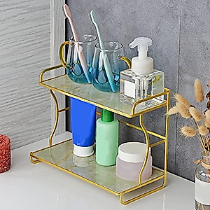 ETIGER Makeup Organizer, 2 Tier Bathroom Cosmetic Storage Shelf, Decorative Wire Vanity Organizer Basket with Marbling Glass Tray(White)