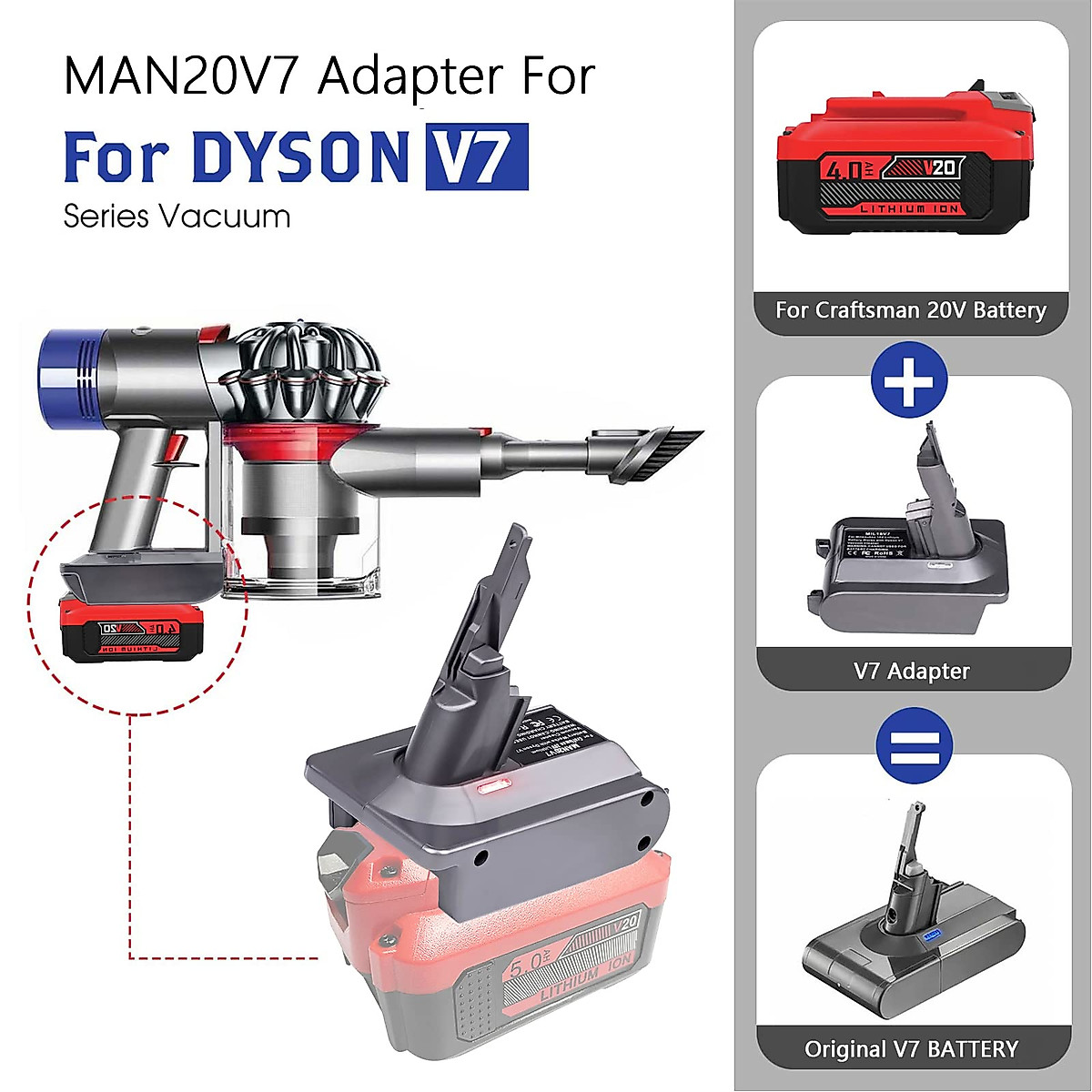 V7 Adapter for Craftsman 20V Battery Work for Dyson V7 Compatible with SV11 V7 Motorhead V7 Animal V7 Trigger V7 HEPA V7 Car+Boat V7 Absolute Handheld Vacuum Cleaners