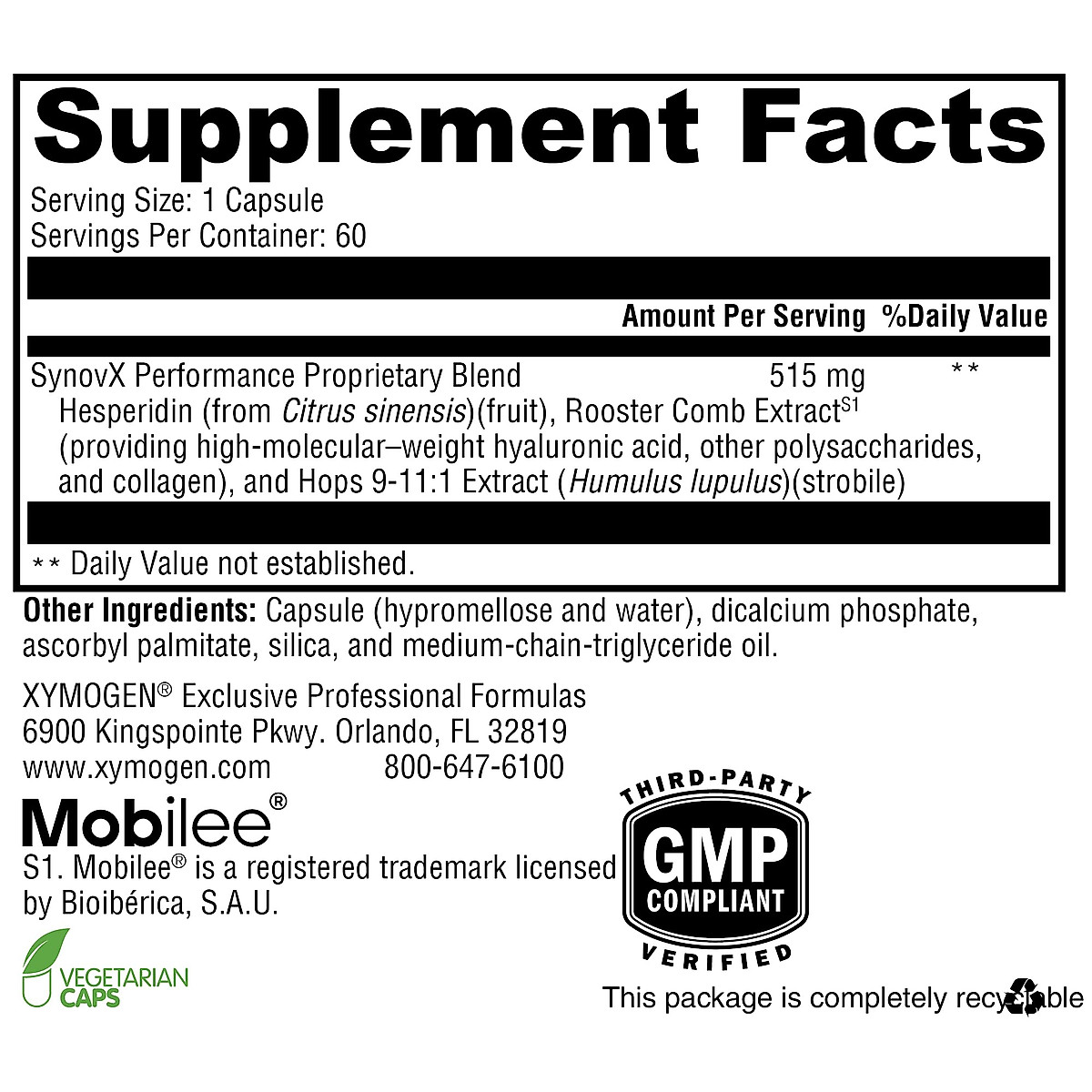 XYMOGEN SynovX Performance - Stay Active with Joint Mobility & Cytokine Balance Support - Joint Supplements for Women, Men and Athletes with High Molecular Weight Hyaluronic Acid (60 Capsules)