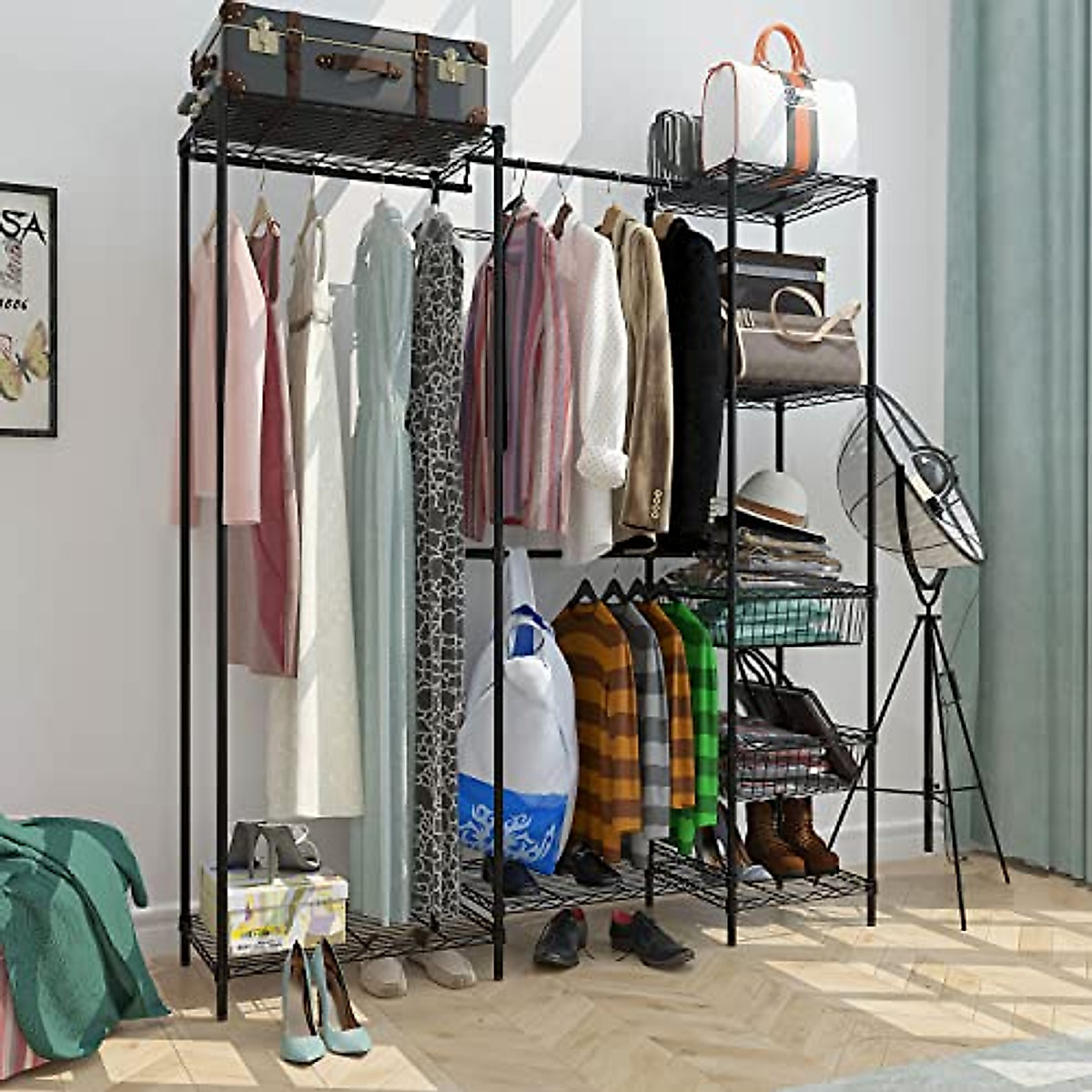 Xiofio 6 Tiers Heavy Duty Garment Rack,Metal Clothing Rack,Clothing Storage Rack,Closet Organizer System Freestanding & Adjustable Wardrobe 60.7" L x 15.7" W x 70.5" H Max Load 720LBS Black