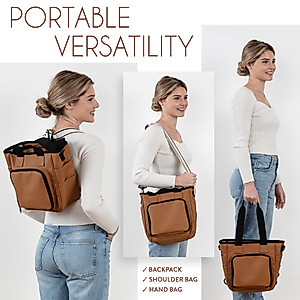 Leather Crochet Bag Backpack - Travel Knitting Bag Project Organizer Totes has Detachable Strap, 12 Wooden Hooks, 12 Skeins of 25g Yarn Storage Pocket & Grommets for Crocheting On the Go