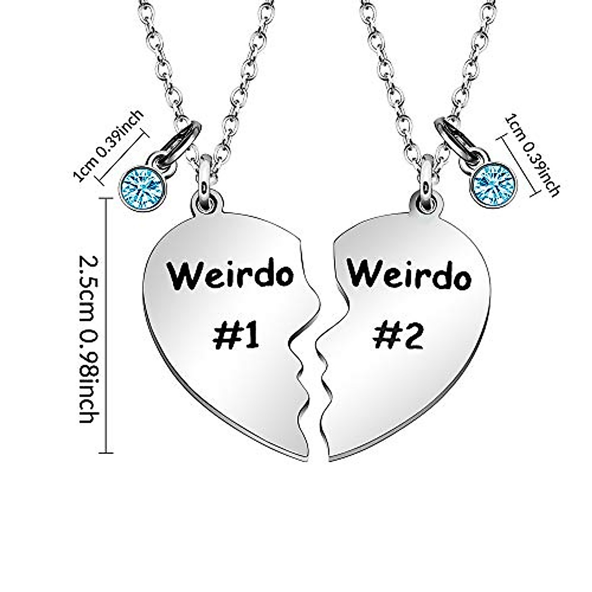 Maxforever Friendship Gift, Weirdo 1 Weirdo 2 Split Heart Stainless Steel Pendant Necklaces BFF Gift for Best Friend (Blue Crystal)