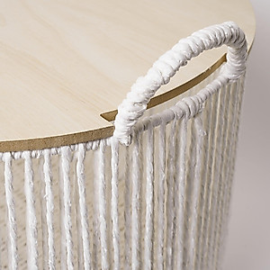 American Art Decor Boho White and Natural Paper Rope Woven Storage Baskets with Wooden Lids Set of 3, Round Decorative Organizer Bin for Laundry, Clothes, Blankets, Toys