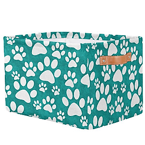 Teal and White Dog Paw Foldable Storage Basket Bin Large Fabric Kids Toys Storage Cube Box with Handles Collapsible Closet Shelf Cloth Organizer Basket for Nursery Bedroom Shelves Laundry