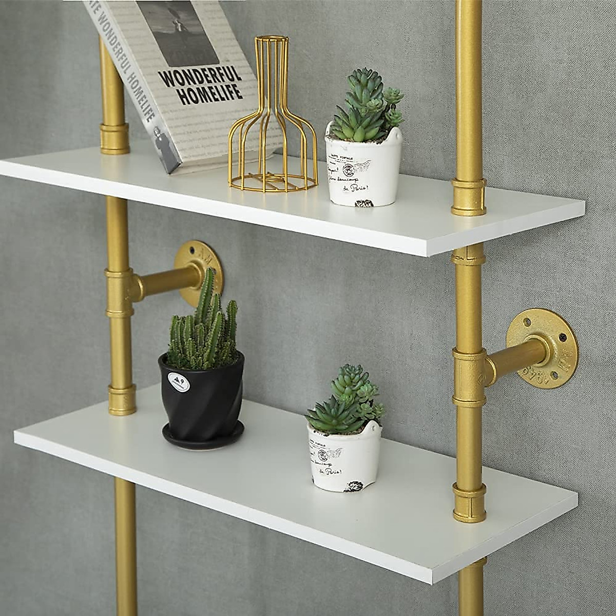 HEONITURE Industrial Gold Bookshelf-6 Tier Wall Mounted Ladder Bookshelf, Rustic Gold Storage Book Shelves Display Bookcases for Living Room/Home/Office