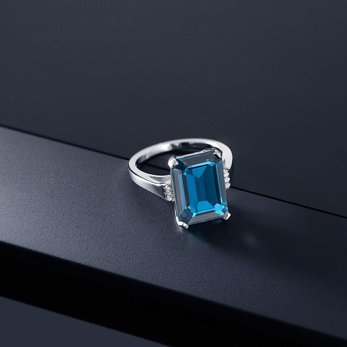 Gem Stone King 925 Sterling Silver London Blue Topaz With Accent Stone Engagement Ring For Women (9.57 Cttw, Emerald Cut 14X10MM, Gemstone Birthstone, Available in size 5, 6, 7, 8, 9)