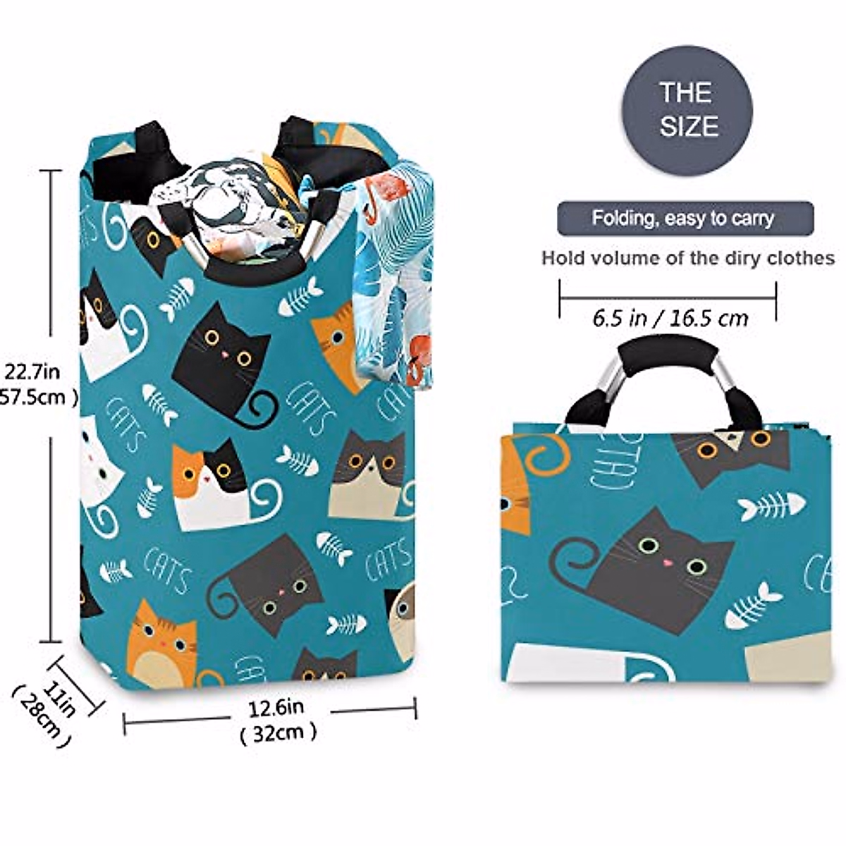 visesunny Collapsible Laundry Basket Funny Cat and Fish Bone Cartoon Large Laundry Hamper with Handle Toys and Clothing Organization for Bathroom, Bedroom, Home, Dorm, Travel