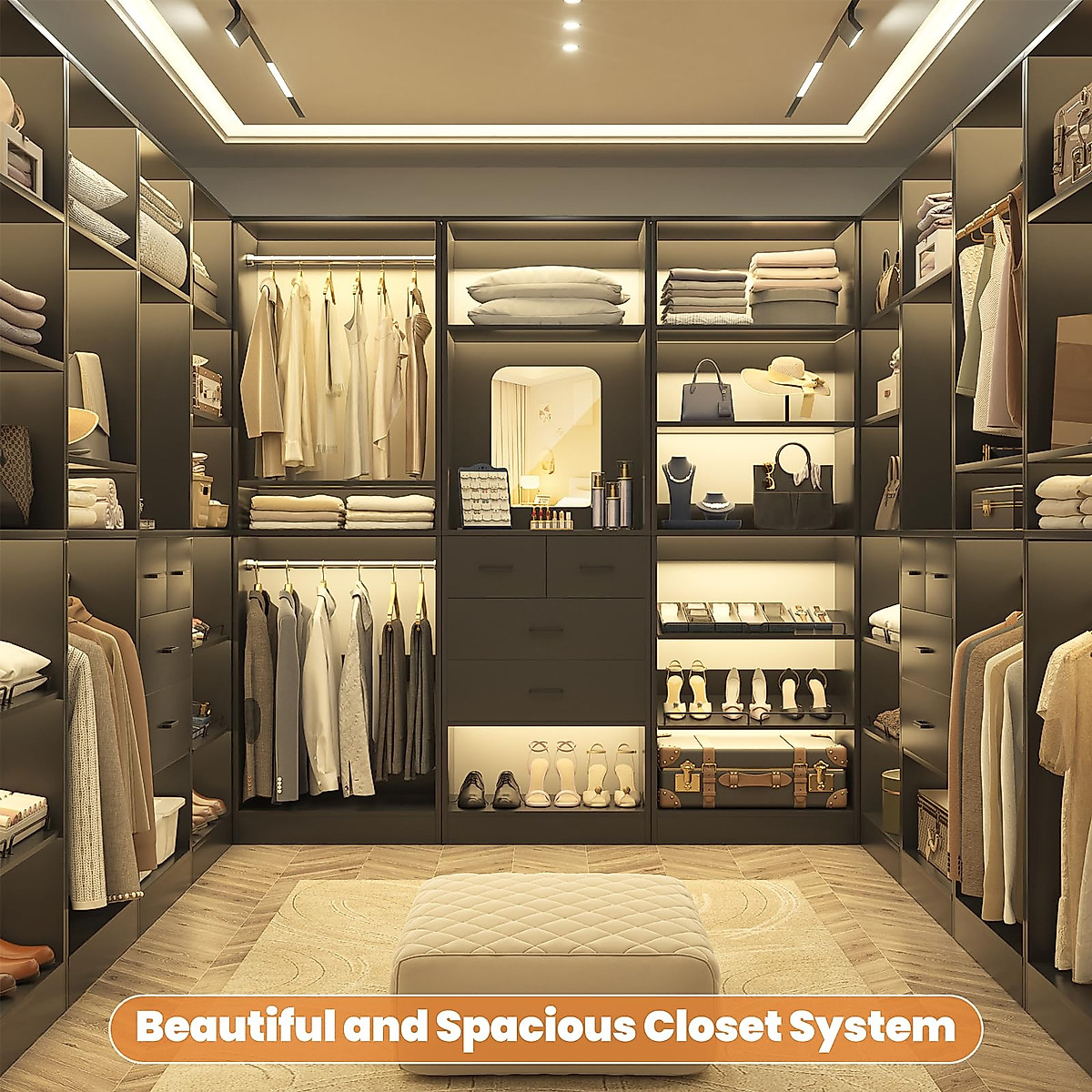 Unikito Closet System with Drawer, 25 Inch Freestanding Closet Organizer with Storage Shelves and Mirror, Sturdy Walk in Closet Tower for Bedroom, Mudroom and Entryway, 25" W x 16" D x 80" H, Black