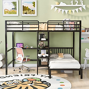 Merax Full Over Twin Metal Bunk Bed, L Shaped Loft Bed Frame with Built-in Desk, Shelves, and Ladder, Black