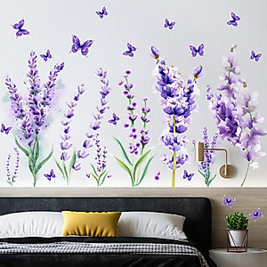 Removable Purple Lavender Wall Decals Purple Flowers Butterfly Wall Stickers DIY Removable Watercolor Floral Flowers Butterfly Wall Art Murals for Kids Girls Bedroom Living Room Nursery Office DT-6009