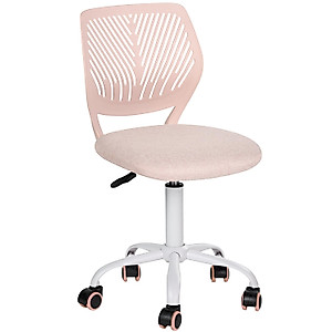 Desk Chair Small Armless, Comfy Home Office Chair with Fabric Seating Cushion and Plastic Low-Back, Adjustable Swivel Study Computer Task Chair for Student Children Kids with Rolling Wheels, Pink