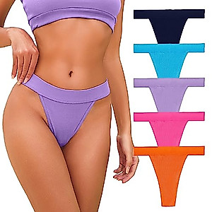 chahoo High Waisted Thong Womens Seamless Cotton Underwear No Show Panties Thongs Breathable Underwear for Women 5 Pack S-XL