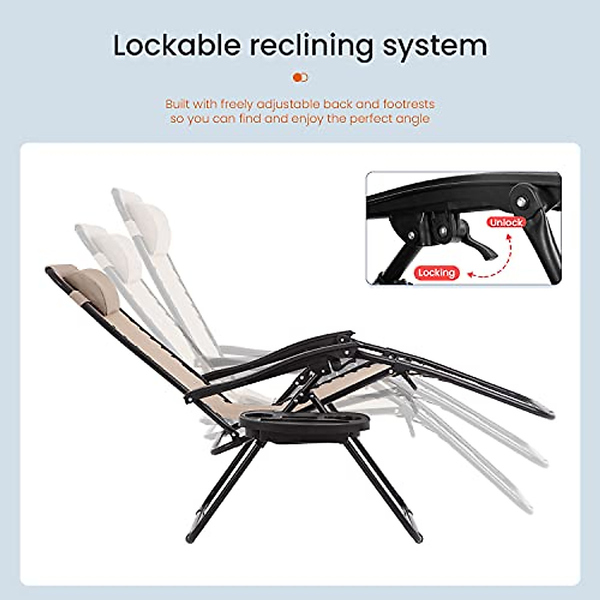 FDW Zero Gravity Chair,Zero Gravity Lounge Chair,1 Pack Folding Lawn Chair Adjustable Reclining Patio Chairs with Pillow and Side Table for Pool Yard with Cup Holder (Tan)