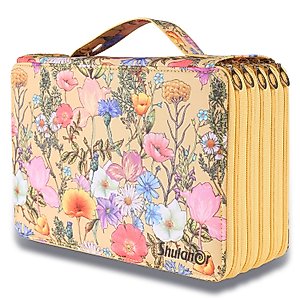 Shulaner 250 Slots Colored Pencil Case Organizer with Zipper Large Capacity Pen Holder Bag for Artist Yellow Flower