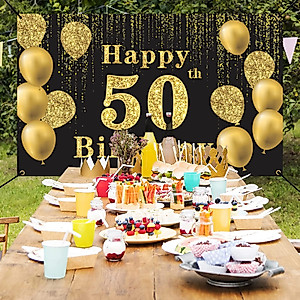 Crenics Happy 50th Birthday Backdrop Banner, Extra Large 50 Birthday Photo Background, Black Gold 50 Years Old Birthday Decorations Party Supplies for Men Women, 5.9 x 3.6 ft