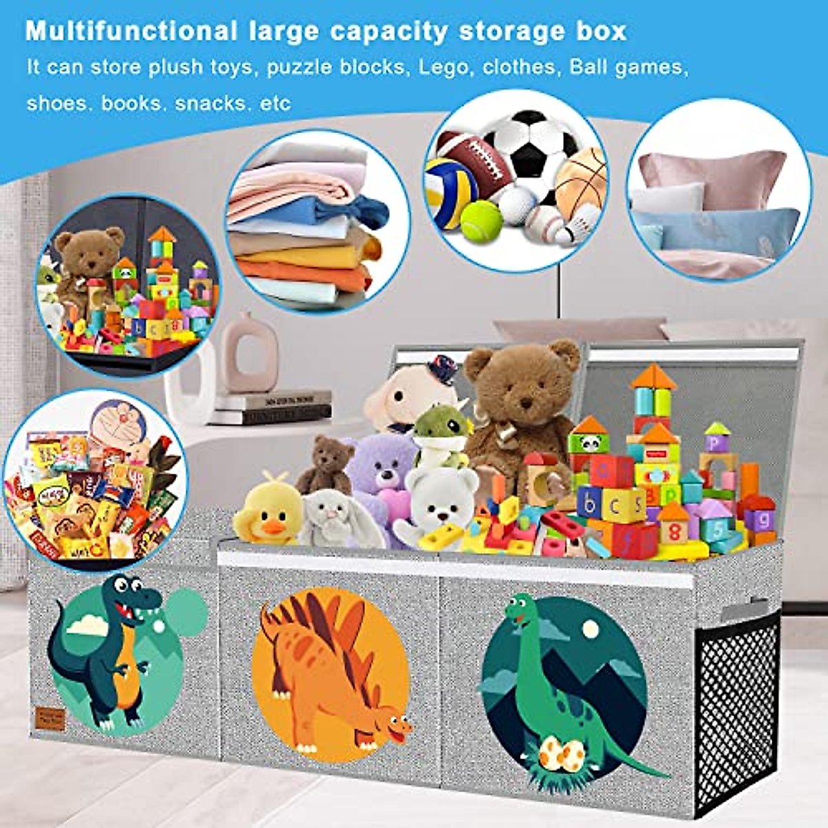 Toy Chest for Boys,Kids Toy Storage Bins,Toy Box for Boys,Collapsible toy organizers with Lid Handles,Removable Divider,Large Storage Containers for Playroom,Bedroom,Nursery,Dinosaur Pattern (grey)