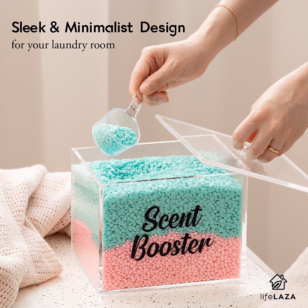 LifeLAZA Acrylic Scent Booster Container with Lid, Scent Beads Container For Laundry Beads, Laundry Dispenser Storage, Jar Box Organization Holder for Laundry Room Decor