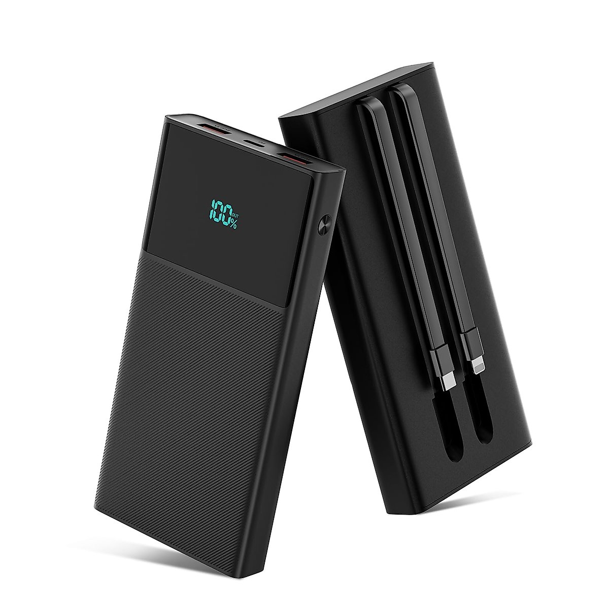 Portable Charger Power Bank with 2 Built in Cables(USB-C and iOS), 13000mAh PD Fast Charging Durable Phone Charger with LED Display, Battery Pack Backup Charger for iPhone, Android,etc - Black(1 Pack)