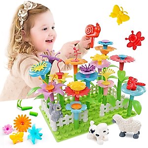 PREBOX Flower Building Toys Set for Toddler Girls - Birthday Gifts and Fine Motor Skills Toys for Kids Age 3 4 5 6 yr, STEM Crafts and Build a Garden with Insects and Animals