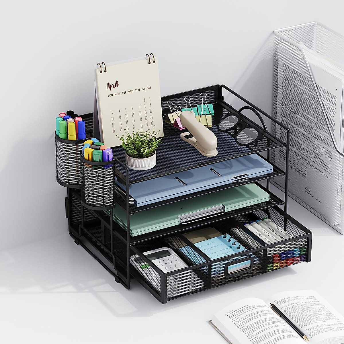 Marbrasse 4-Trays Desktop File Organizer with Pen Holder | Paper Letter Tray with Drawer and 2 Pen Holder | Mesh Office Supplies Desk Organizer for Home Office (Black)