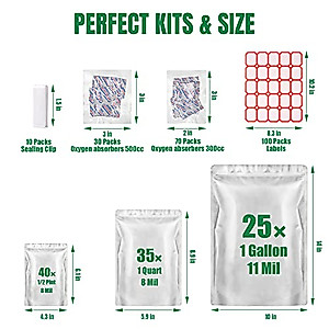 11 Mil 100 Mylar Bags for Food Storage with Oxygen Absorbers 500cc & 300cc, Mylar Bags 1 Gallon, 1 Quart, 1/2 Pint, Stand-Up Zipper Resealable Bags & Heat Sealable Food Storage Bags + Labels