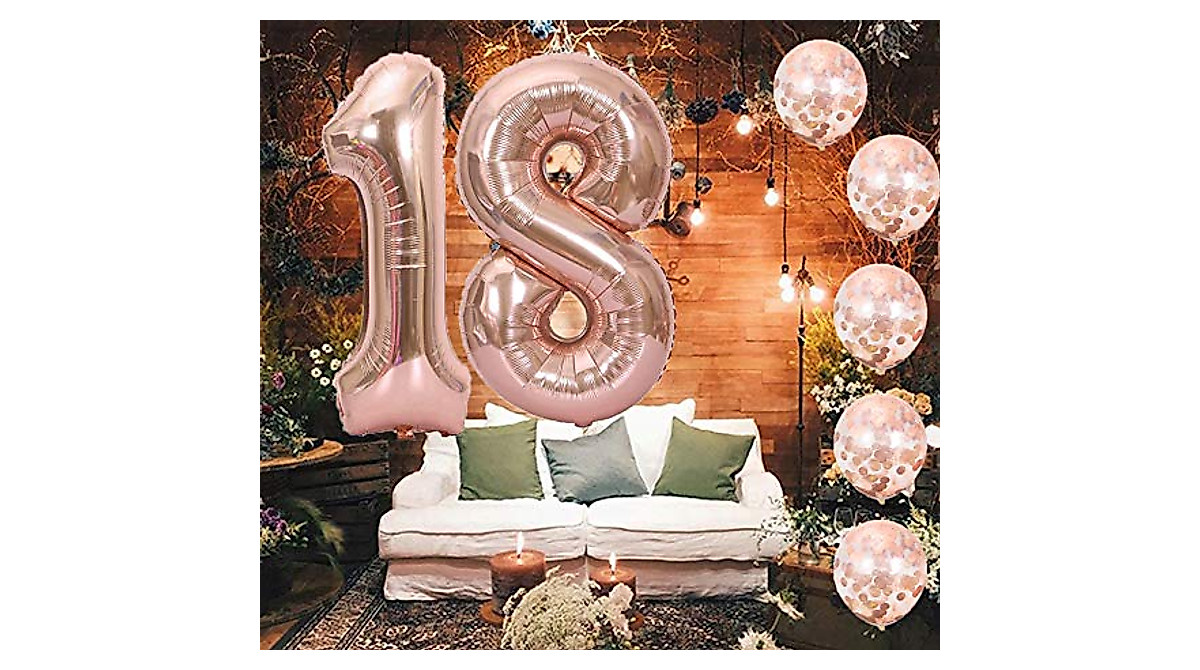 Rose Gold 18th Birthday Balloons - Large Number 18 & Confetti Decor