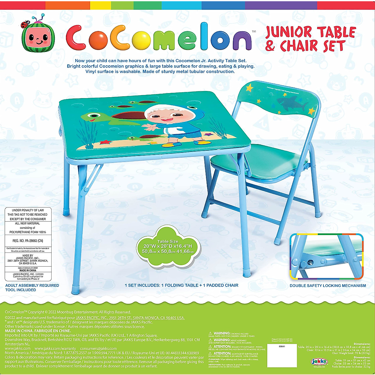 CoComelon Table & Chair Set for Toddlers 24-48M, Includes 1 Table & 1 Chair - Sturdy Metal Construction, Table: 20" L x 20" W x 16.4" H, Chair: 12" L x 11.6" W x 17.7" H - Weight Limit: 70 lbs