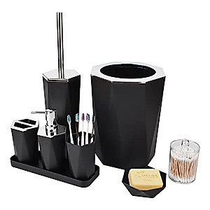 Black Bathroom Accessories Set 8 Piece,Toothbrush Holder Cup Soap Dish Lotion Soap Dispenser Trash can Toilet Brush Holder Cotton Swab Box Bath Set for Decorative Countertop and Housewarming Gift
