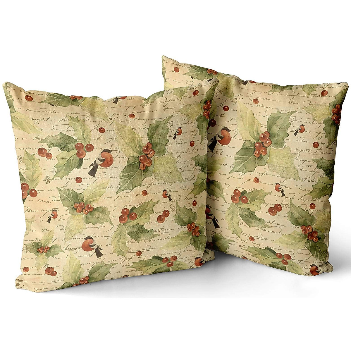 LEKAIHUAI Home Decoration Throw Pillow Covers Christmas Watercolor Holly Berries and Bullfinch Pillowcases Square Two Sides Print 22x22 Inches Set of 2