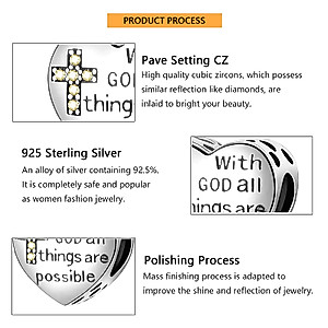 ORANGE FOREST 925 Sterling Silver Cross Charms for Charm Bracelets With God All Things Are Possible Religious Heart Beads Jewelry Gift for Women