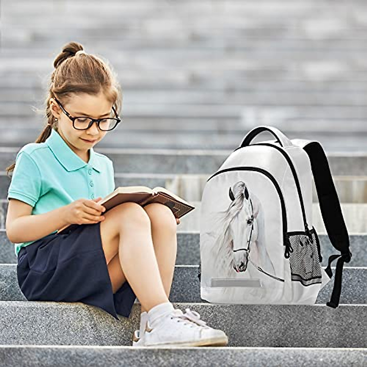 White Horse Backpack for Students Boys Girls School Bag Travel Daypack