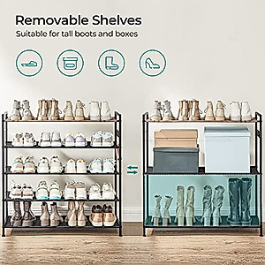 SONGMICS Shoe Rack Storage Organizer 5 Tier, Metal Shoe Rack Storage Shelf for Closet Entryway, Sturdy Large Shoe Stand for 20-25 Pairs with 4 Hooks, Adjustable Feet, 5 Fabric Shelves, Not Wooden Top