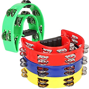 4 Pack 9" Double Row Tambourine Metal Jingles Hand Held Percussion Drum, Half Moon Musical Tambourine, Plastic Musical Percussion Tambourines Music Rhythm for KTV, Party, Multicolor