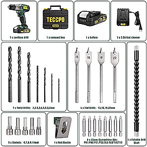 TECCPO Cordless Drill Set, 63Pcs Power Drill Set, Drill with 310 In-lbs, 2-Speed, 21+1 Torque Setting, 2.0Ah Battery & Fast Charger, Tool Kit with Drill, Drill Kit Tool Set for General Household