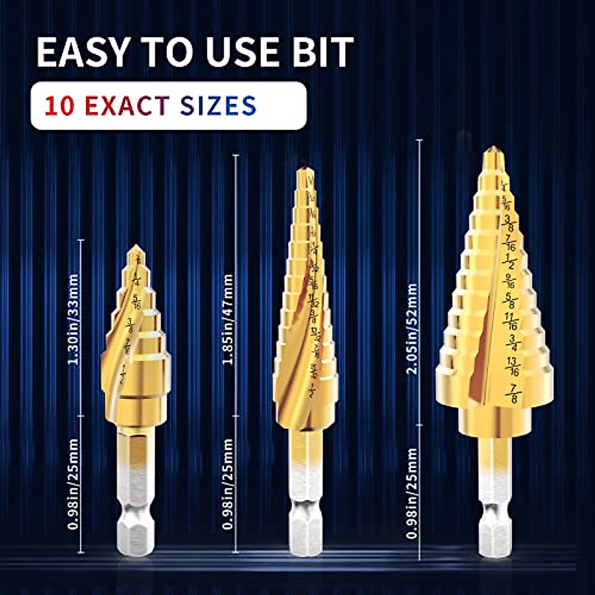 SILATU Step Drill Bit Set - 3 Pieces Titanium HSS Coated Step Drill Bit, 31 Sizes 1/4 Inch Hexagon Shank Step Drill Bit for Wood, Metal, Plastic, Multiple Hole (1/8”-1/2”, 3/16”-7/8”, 3/16”-1/2”)